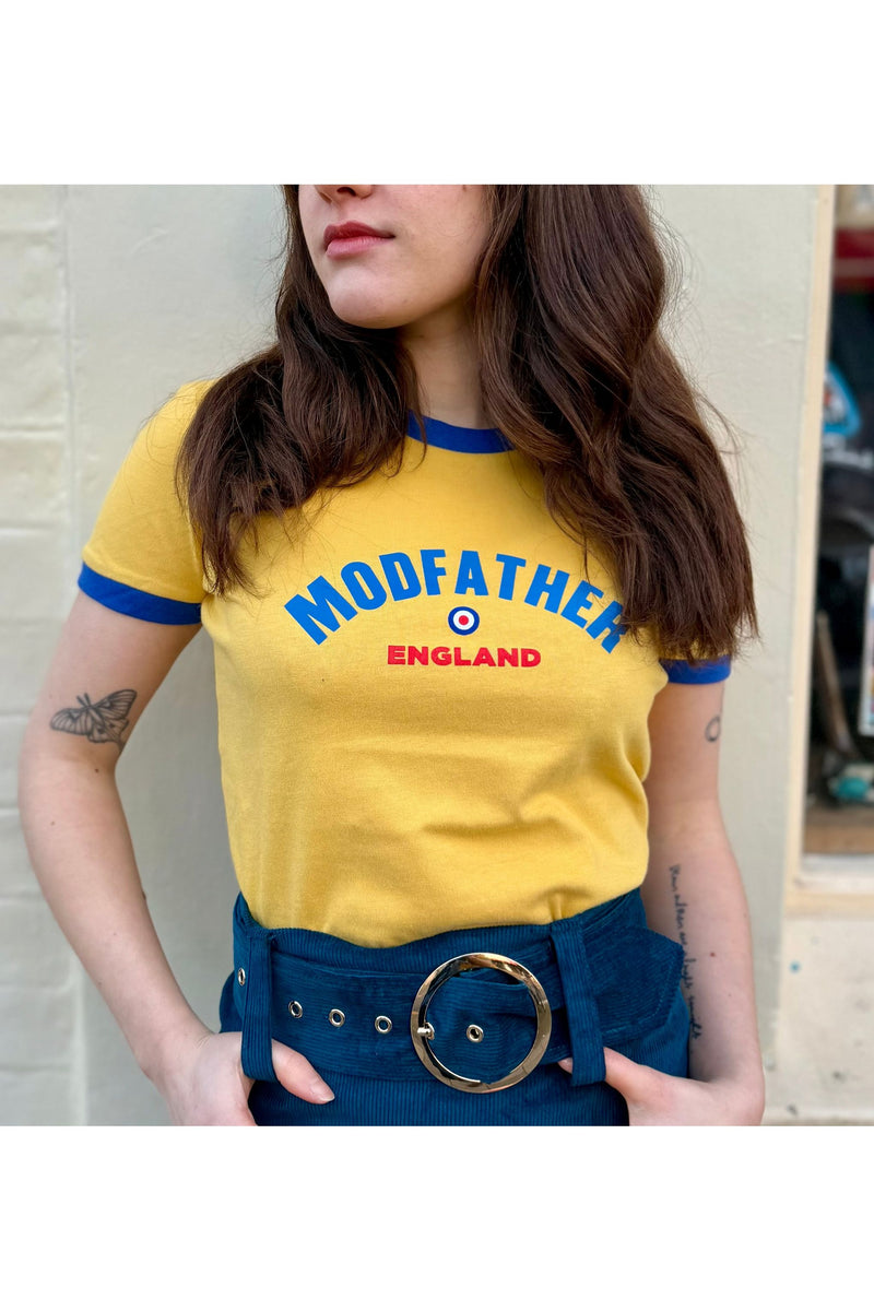 Women's Logo Script Mustard and Royal Blue - T-Shirt – The Modfather Clothing Company