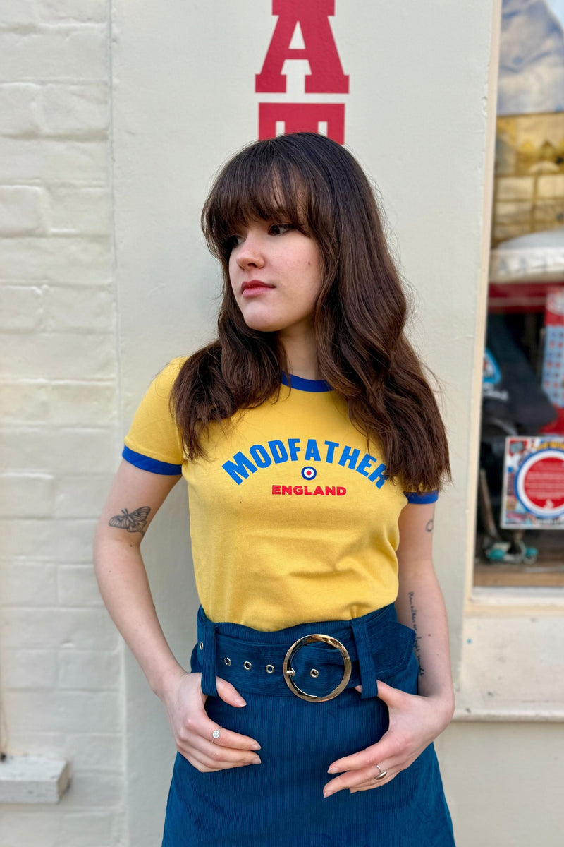 Modfather Clothing - Women's Logo Script Mustard and Royal Blue - T-Sh ...