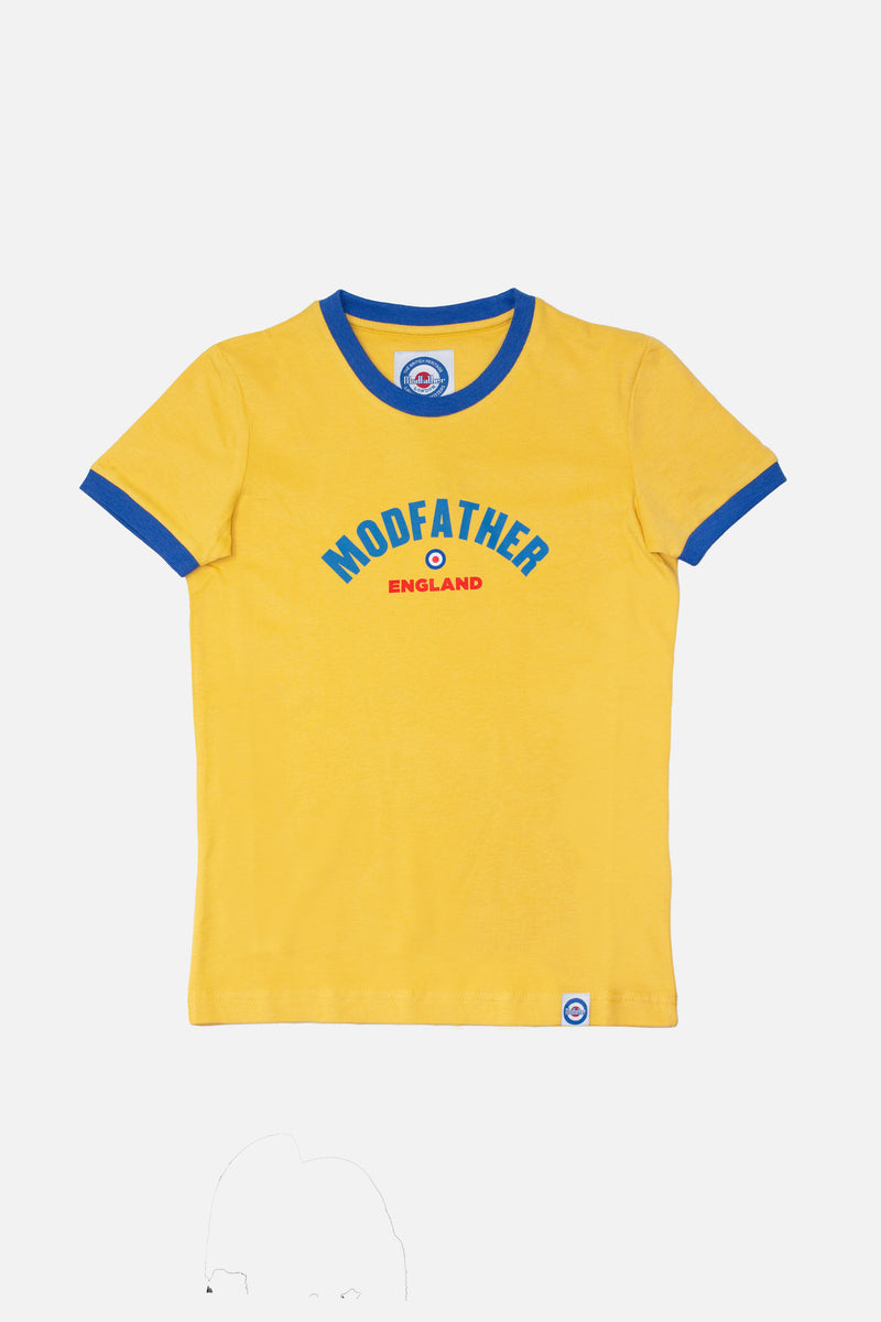 Modfather Clothing - Women's Logo Script Mustard and Royal Blue - T-Sh ...